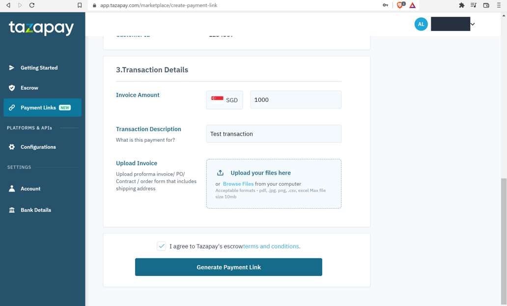 How do I create and send a payment link on Tazapay?